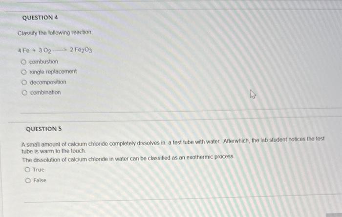 Solved Classify The Following Reaction 4fe 3o2 2fe2o3