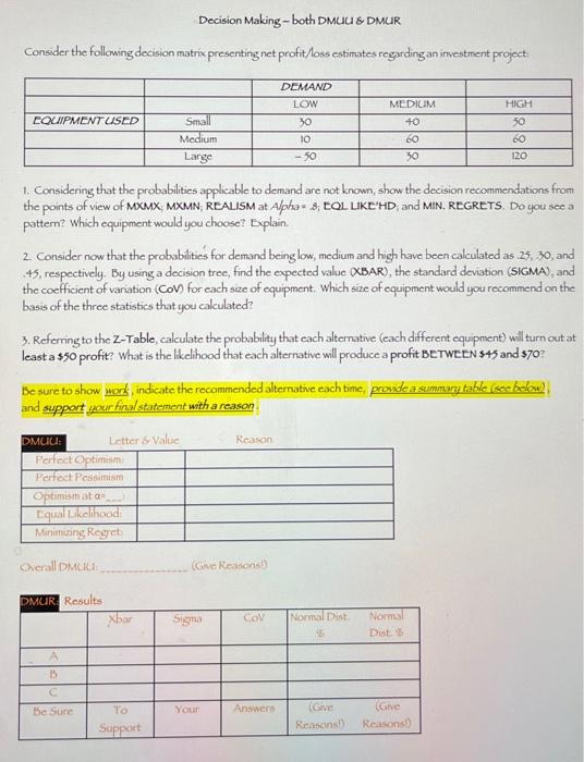 Decision Making - both DMUU \& DMUR Consider the | Chegg.com