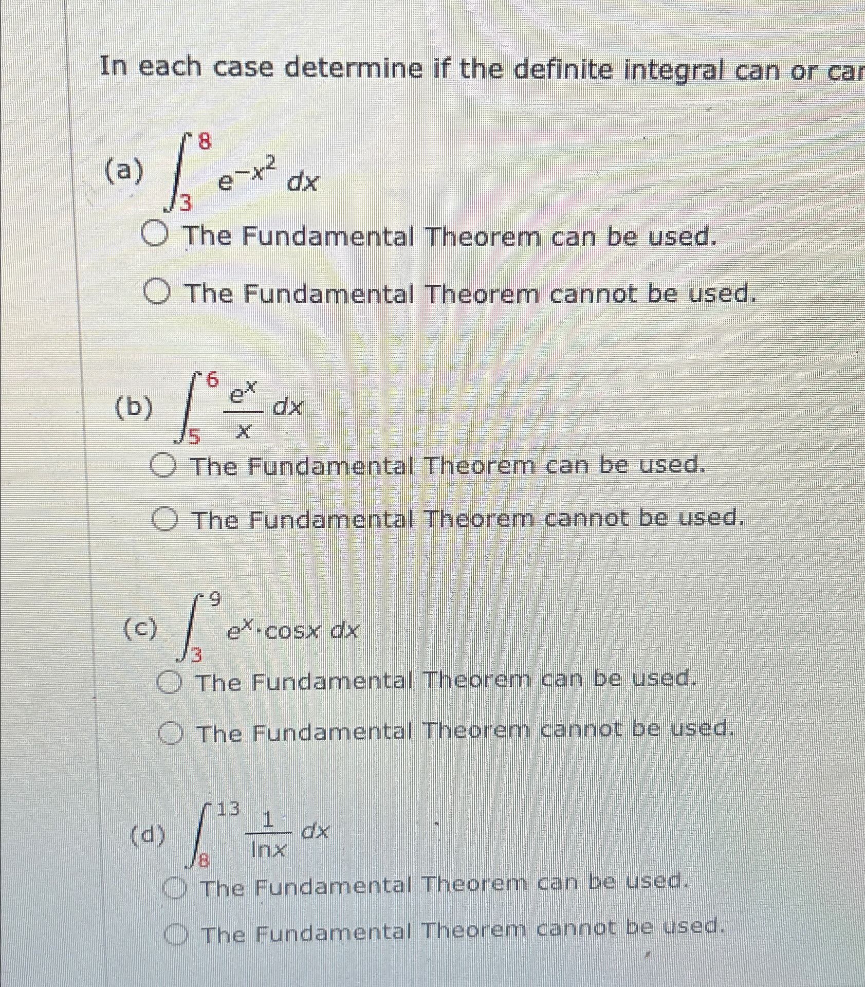 Solved In each case determine if the definite integral can | Chegg.com