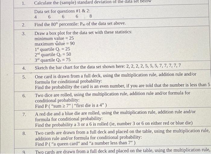Solved 1. 2. 3. 4. 5. 6. 7. 8. 9. Calculate the (sample) | Chegg.com