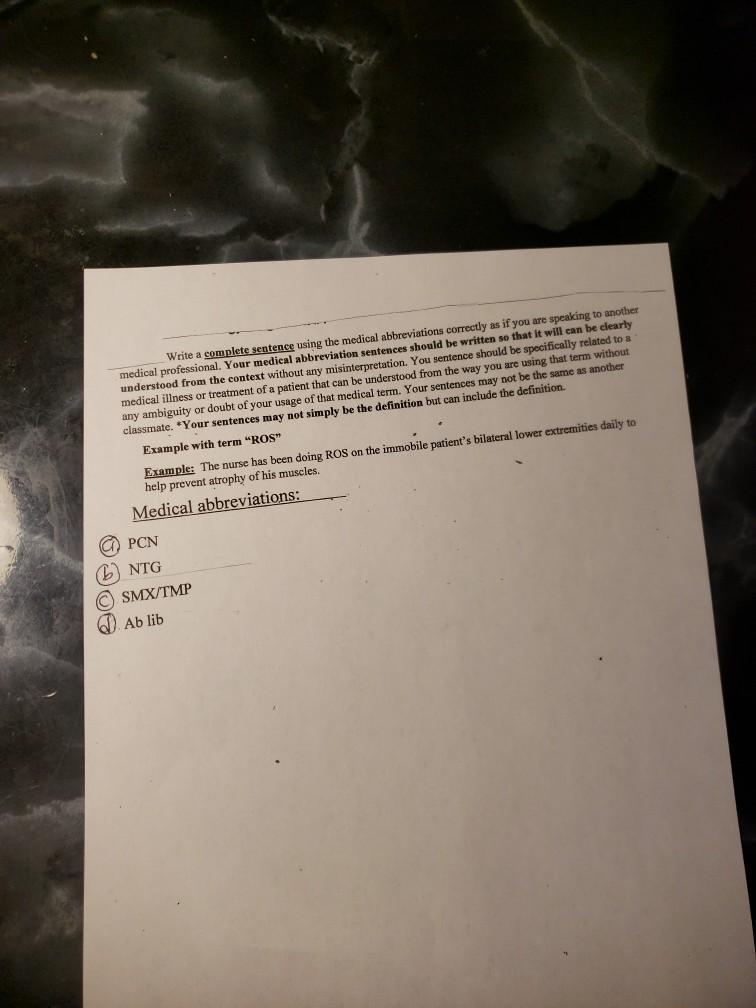 Solved Write a complete sentence using the medical | Chegg.com