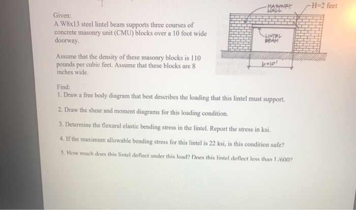Solved - MASONRY H=2 feet Given: A W8x13 steel lintel beam | Chegg.com