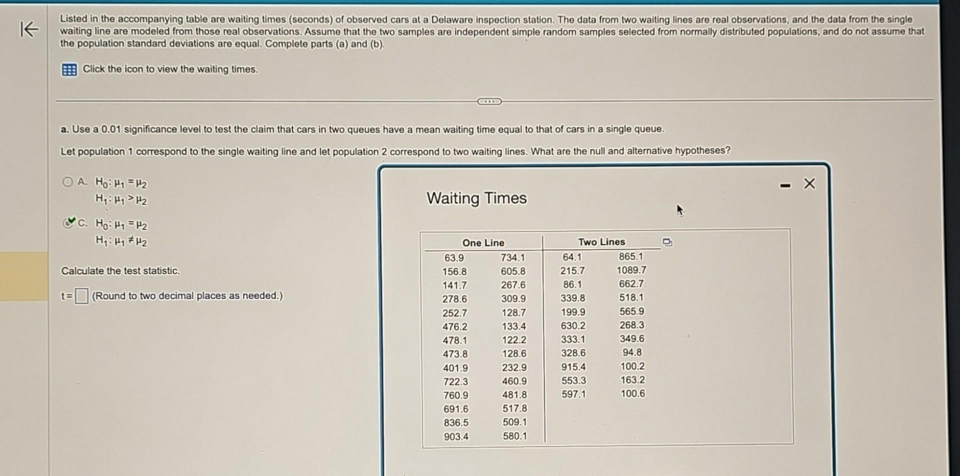 Solved Listed in the accompanying table are waiting times | Chegg.com