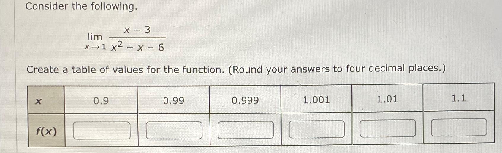 Solved Consider the following.limx→1x-3x2-x-6Create a table | Chegg.com