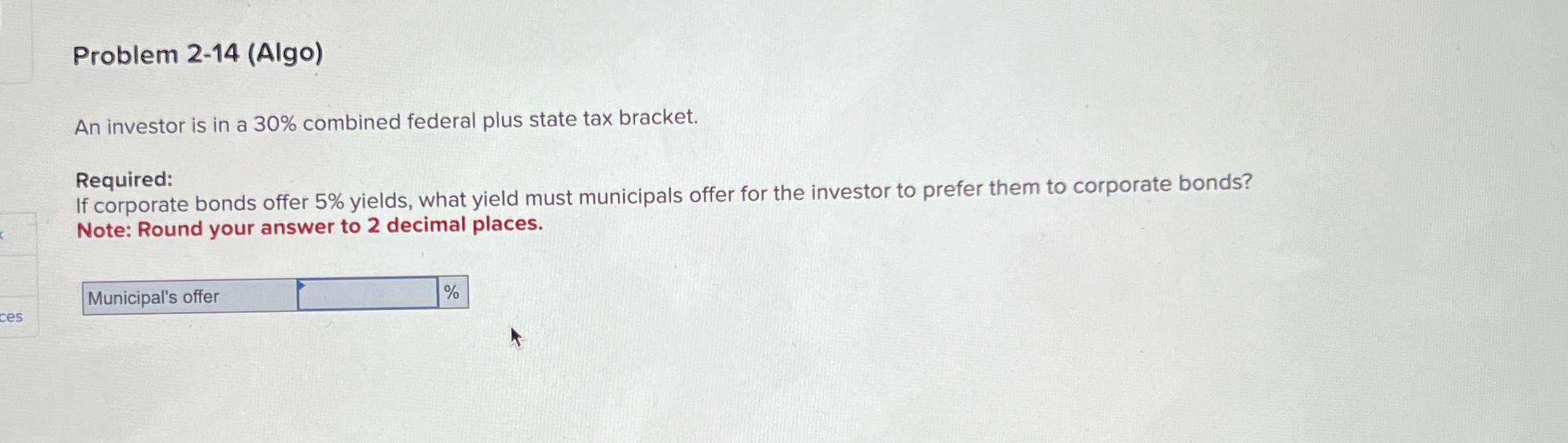 Solved Problem 2-14 (Algo)An investor is in a 30% ﻿combined | Chegg.com