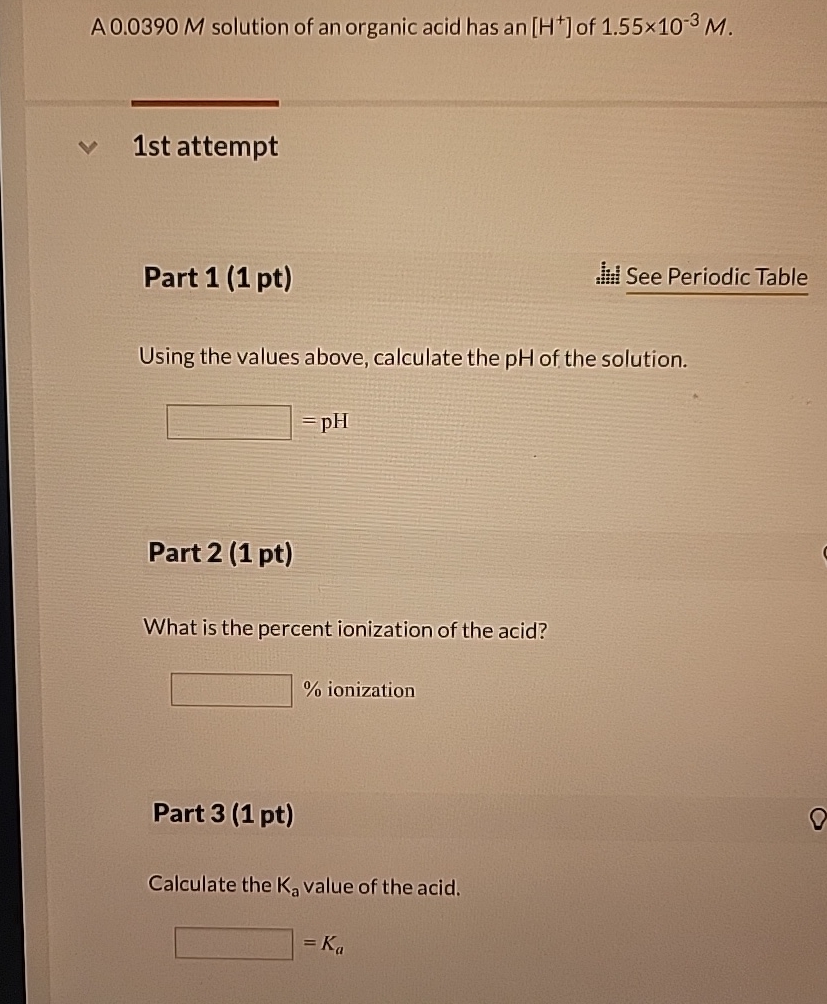 Solved A 0.0390M ﻿solution of an organic acid has an H+of | Chegg.com