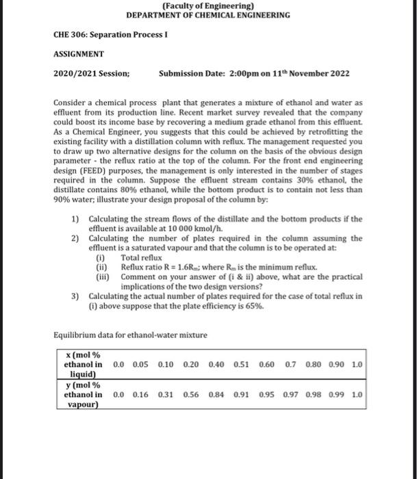 Solved CHE 306: Separation Process I ASSIGNMENT 2020/2021 | Chegg.com