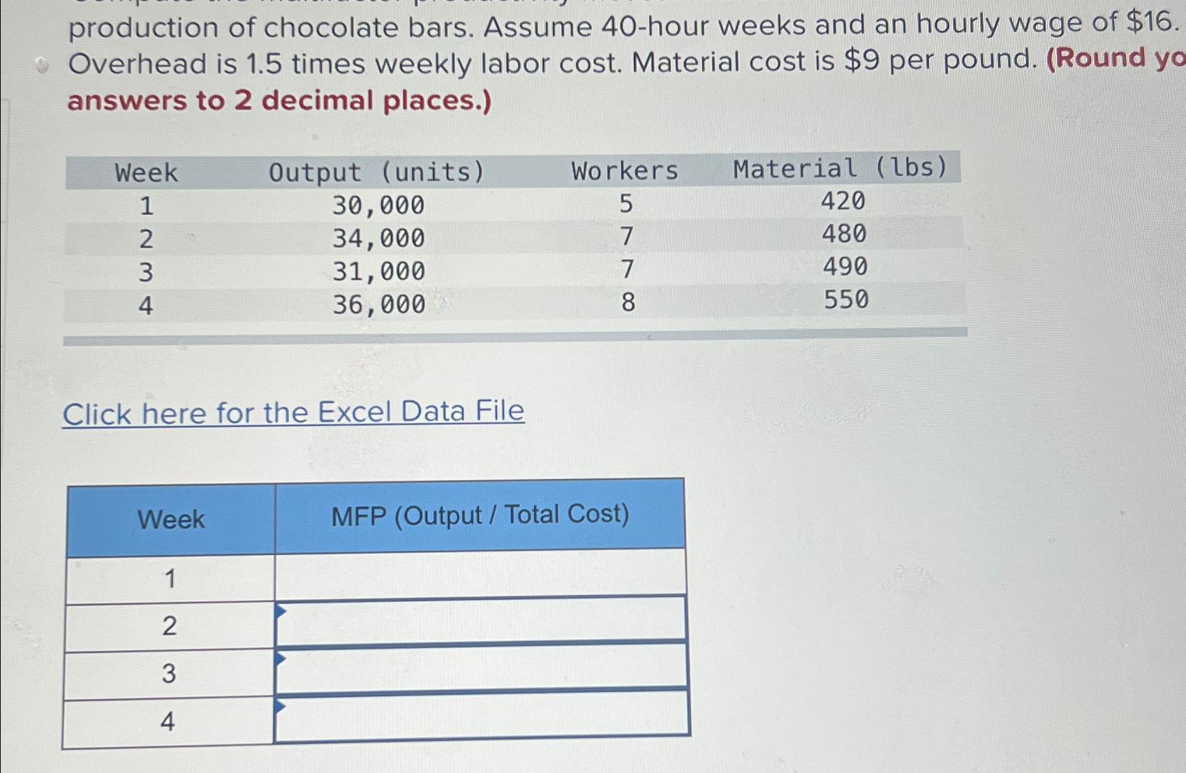 Solved production of chocolate bars. Assume 40 -hour weeks | Chegg.com