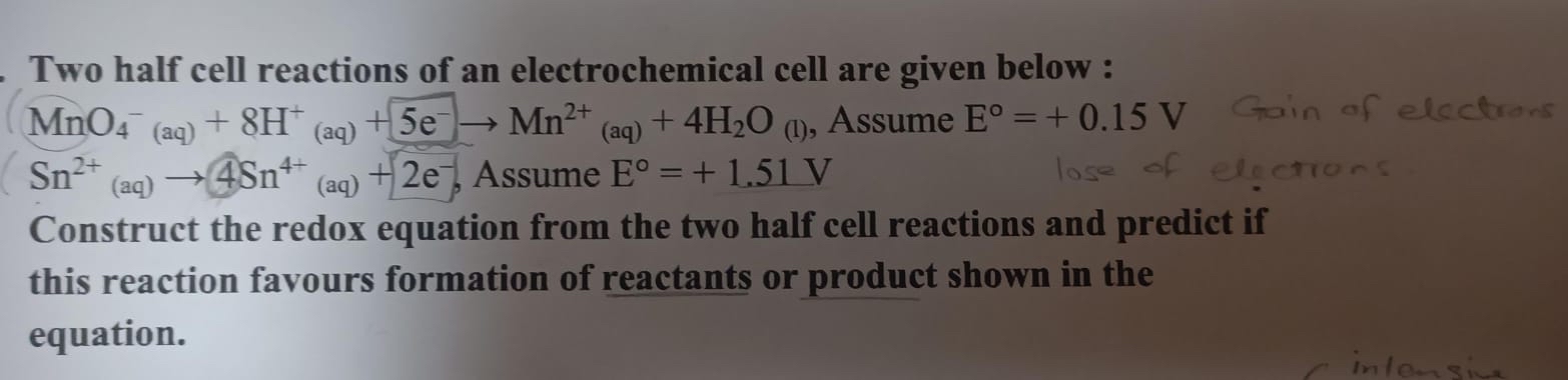 Solved Two half cell reactions of an electrochemical cell | Chegg.com