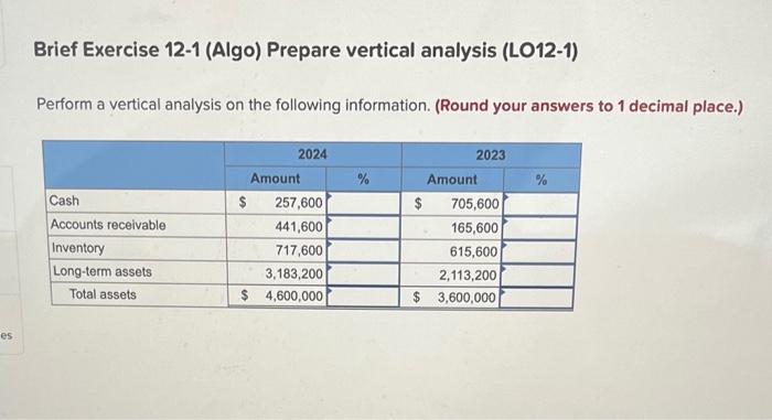 Solved Brief Exercise 12-1 (Algo) Prepare vertical analysis | Chegg.com