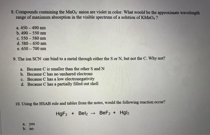 Solved 8. Compounds containing the MnO4 anion are violet in | Chegg.com