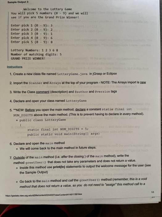 Solved Sample Output 3: Welcome to the Lottery Game You will | Chegg.com