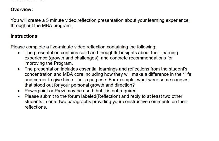 Solved Overview:You will create a 5 ﻿minute video reflection | Chegg.com
