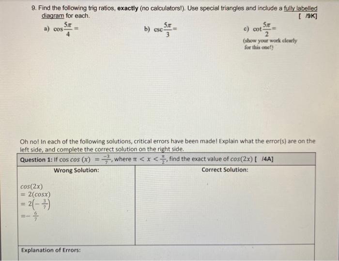 Solved 9. Find the following trig ratios, exactly (no | Chegg.com