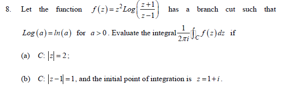 Solved Let the function f(z)=z2log(z+1z-1) ﻿has a branch cut | Chegg.com