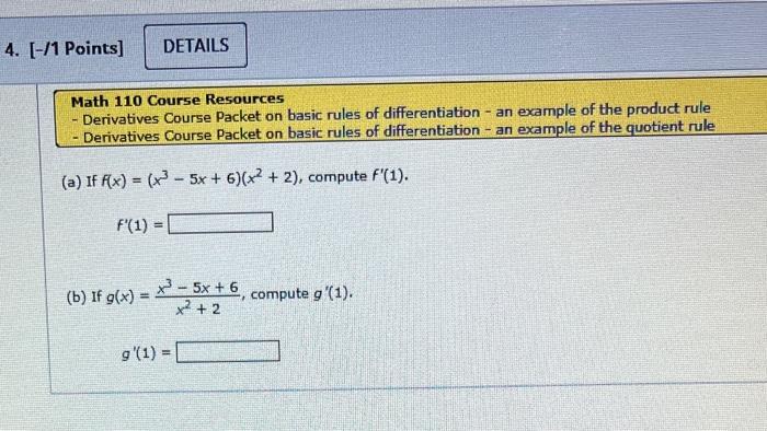 Solved Math 110 Course Resources - Derivatives Course Packet | Chegg.com