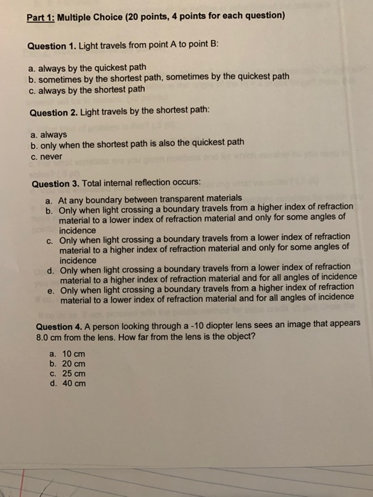 Solved Part 1: Multiple Choice (20 points, 4 points for each | Chegg.com