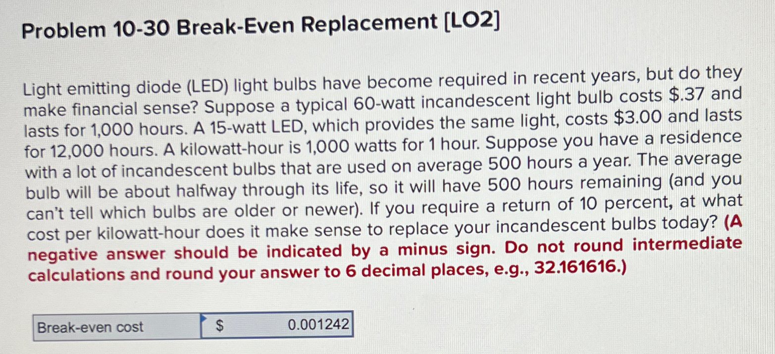 Solved Problem 10-30 ﻿Break-Even Replacement [LO2]Light | Chegg.com