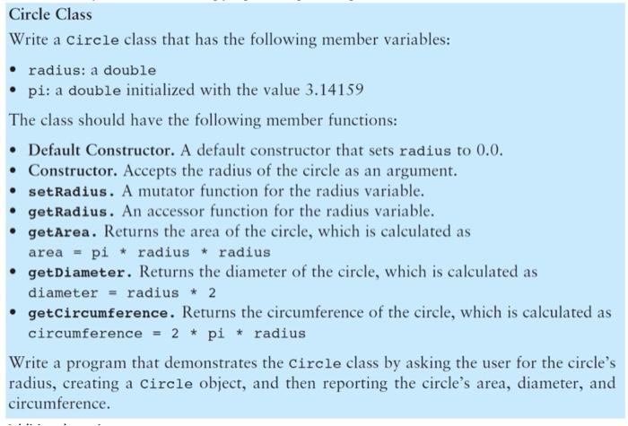 Solved Circle Class Write a circle class that has the | Chegg.com