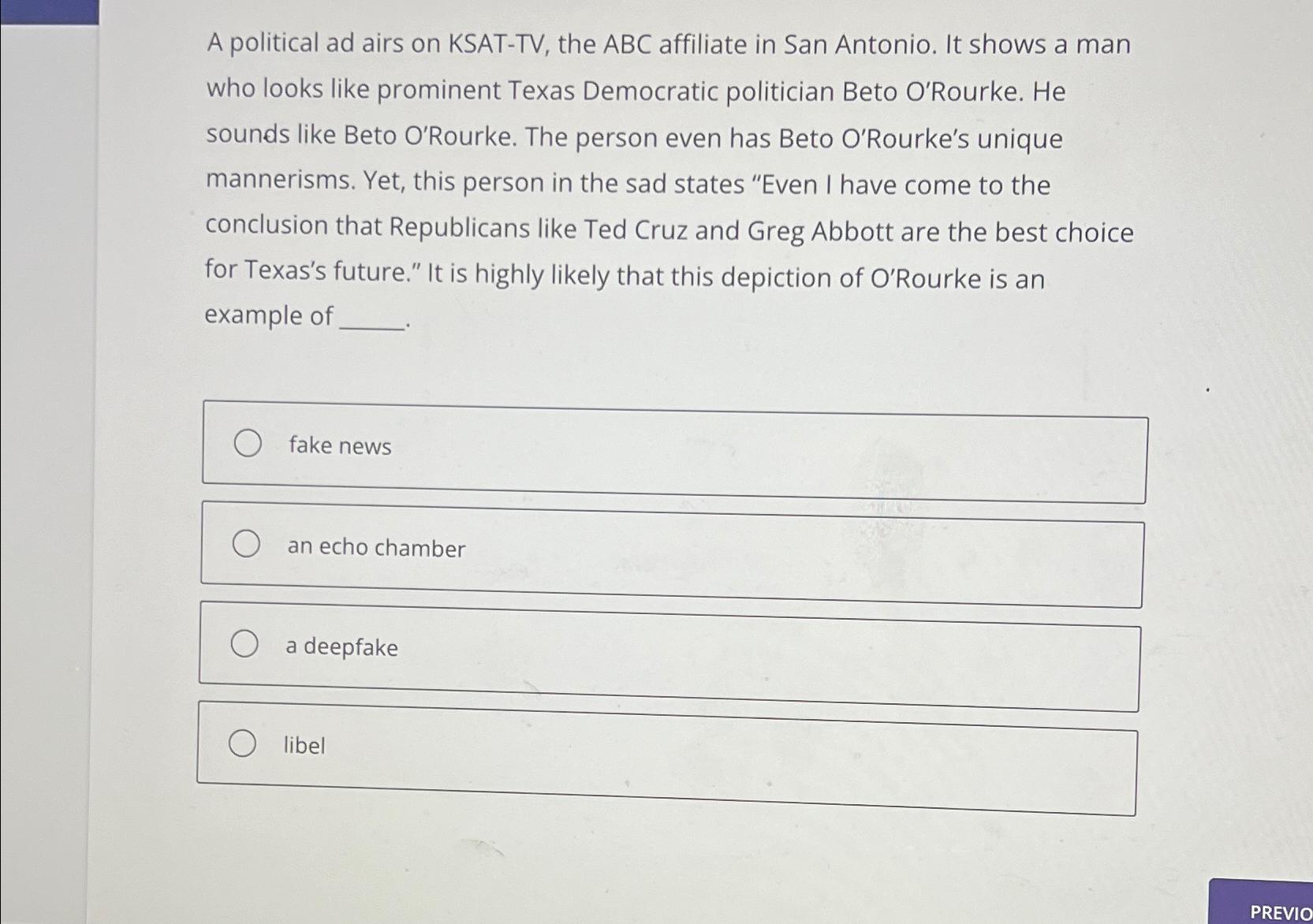 Solved A political ad airs on KSAT-TV, ﻿the ABC affiliate in | Chegg.com