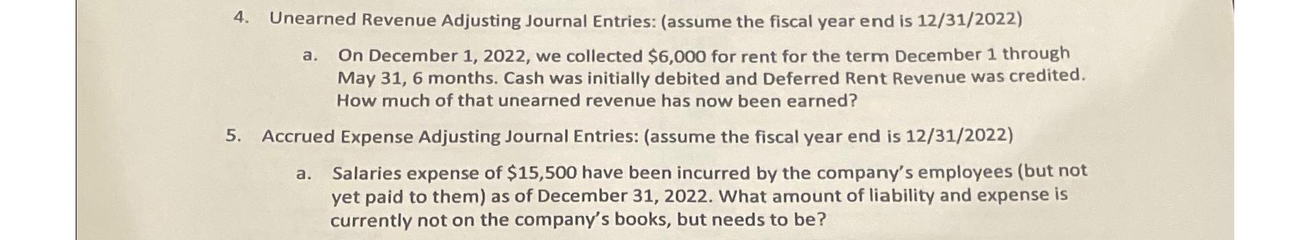 Solved Unearned Revenue Adjusting Journal Entries: (assume | Chegg.com