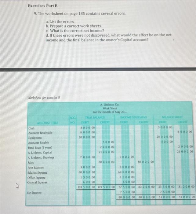 Solved 4 Exercises Part B 9. The worksheet on page 185 | Chegg.com