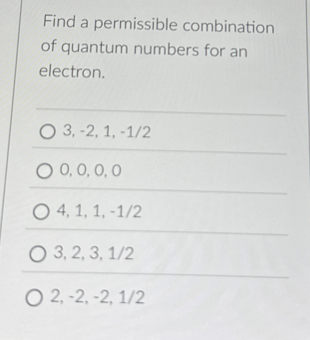 Solved Find a permissible combination of quantum numbers for | Chegg.com