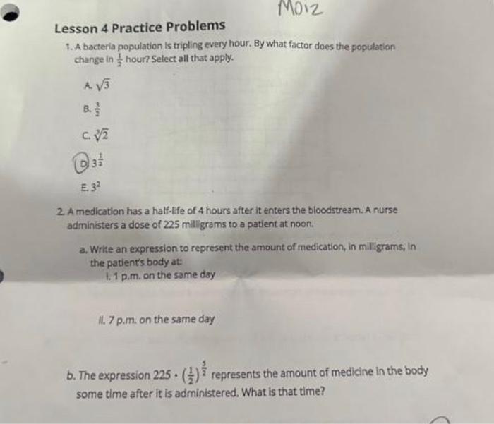Solved Lesson 4 Practice Problems 1. A bacteria population | Chegg.com