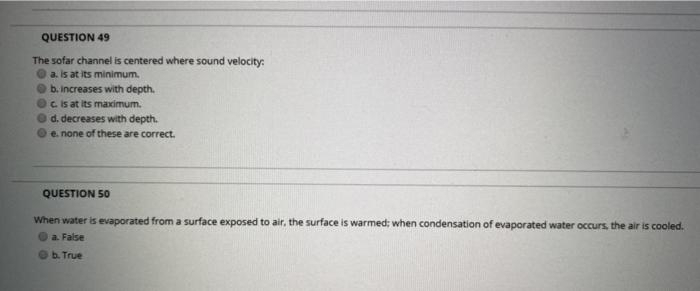Solved QUESTION 49 The sofar channel is centered where sound | Chegg.com