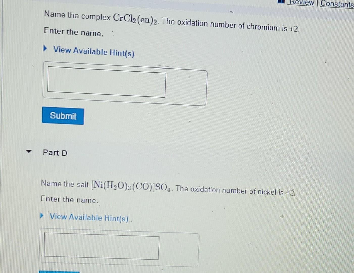 Solved Review Constants Name the complex CrCl) (en)2. The | Chegg.com