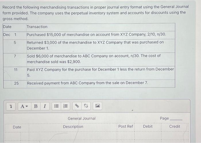 Solved Record the following merchandising transactions in | Chegg.com