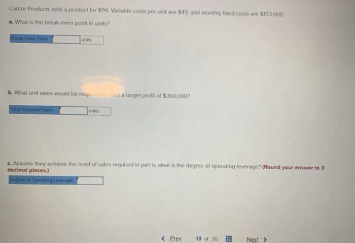 Solved Cantor Products sells a product for $94. Variable | Chegg.com