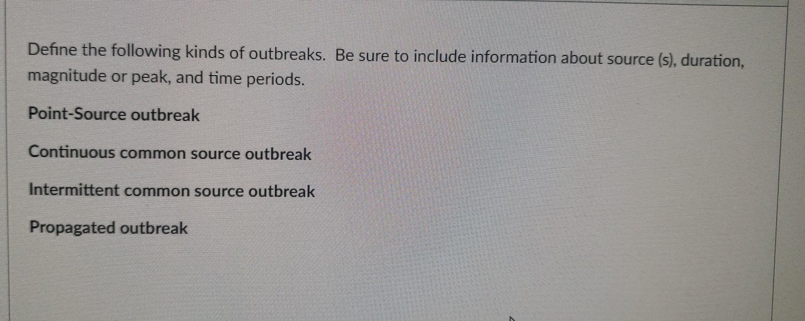 Solved Define the following kinds of outbreaks. Be sure to | Chegg.com