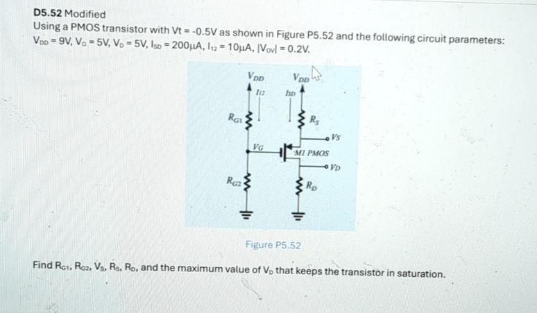 D5.52 ﻿ModifiedUsing a PMOS transistor with Vt=-0.5V | Chegg.com