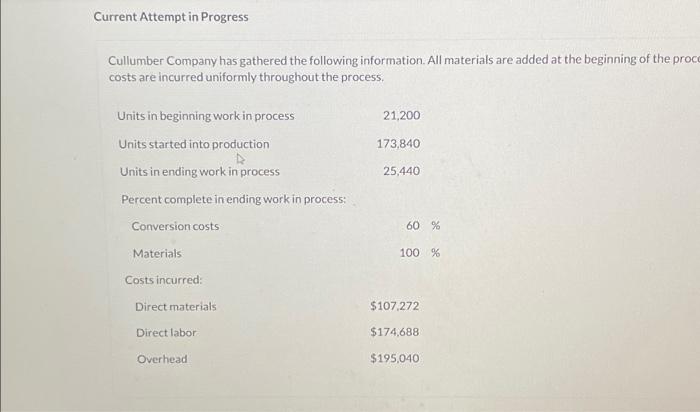 Solved Current Attempt in Progress Cullumber Company has | Chegg.com