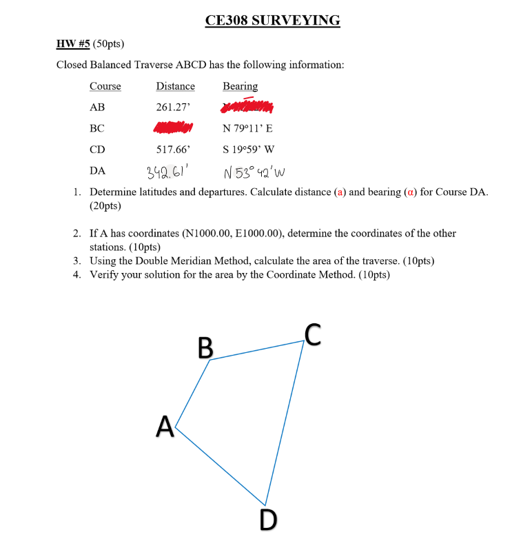 Solved CE308 ﻿SURVEYINGHW #5 (50pts)Closed Balanced Traverse | Chegg.com