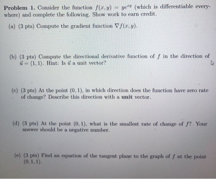 Solved Problem 1. Consider the function f(x,y) yery (which | Chegg.com