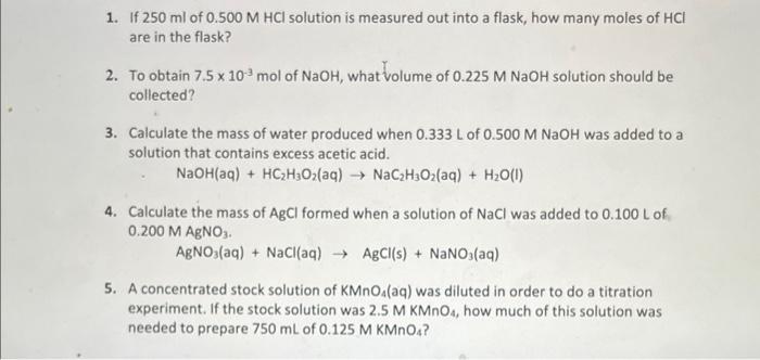 Solved 1. If 250ml of 0.500MHCl solution is measured out | Chegg.com