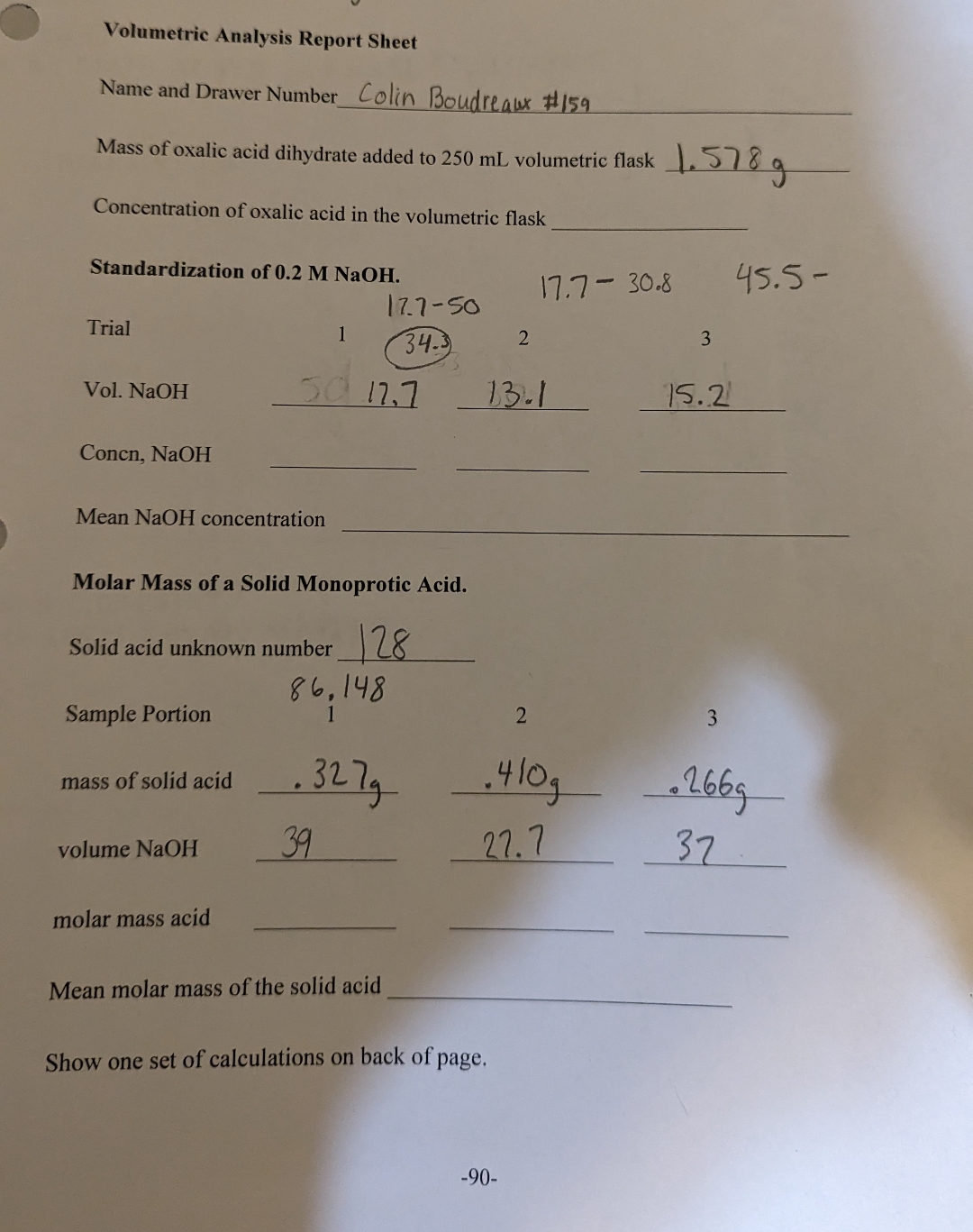 Solved Volumetric Analysis Report Sheet\\nName and Drawer | Chegg.com