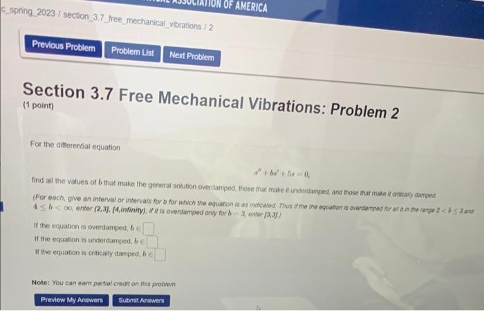 Solved Section 3.7 Free Mechanical Vibrations: Problem 2 (1 | Chegg.com