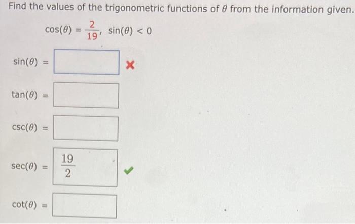 Solved Find the values of the trigonometric functions of 0 | Chegg.com