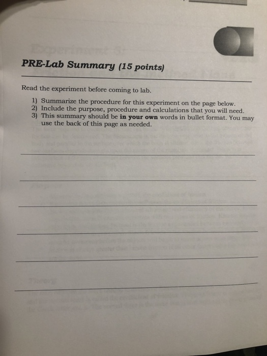 PRE-Lab Summary (15 points) Read the experiment | Chegg.com
