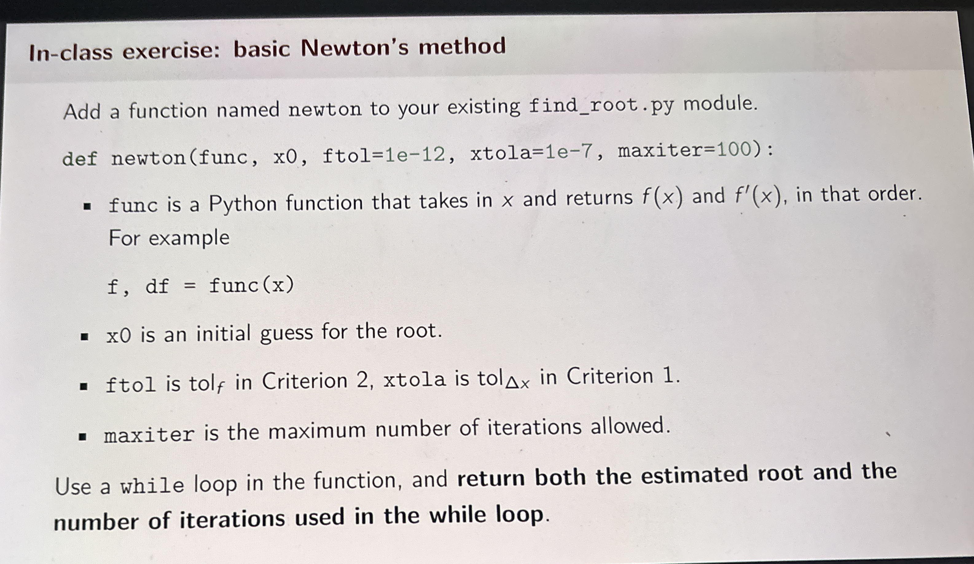 In-class exercise: basic Newton's methodAdd a | Chegg.com