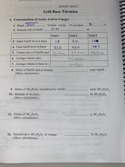Solved REPORT SHEET Acid-Base Titration A. Concentration of | Chegg.com
