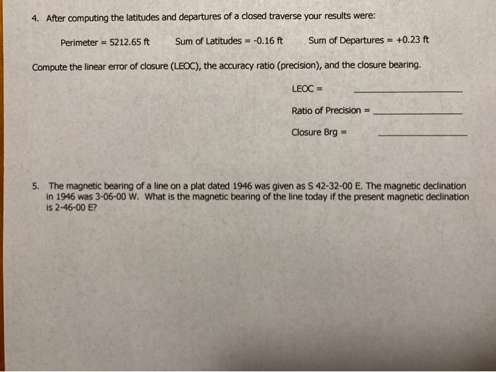 Solved 4. After computing the latitudes and departures of a | Chegg.com