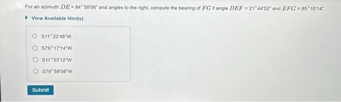 Solved For an azimuth DE=84∘58∘06′′ and angles to the right, | Chegg.com