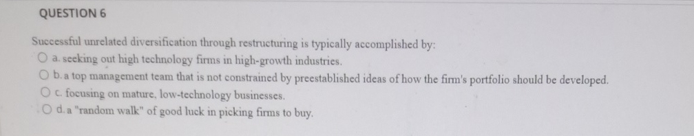 Solved QUESTION 6Successful unrelated diversification | Chegg.com