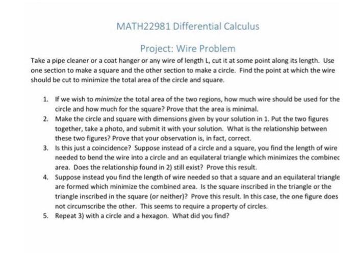 Solved MATH22981 Differential Calculus Project: Wire Problem | Chegg.com