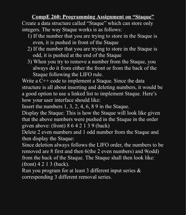 Solved Compe 260 Programming Assignment On Staque Create 
