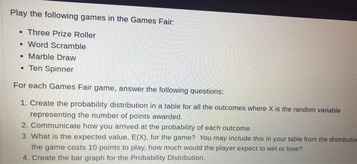 Solved Play the following games in the Games Fair: Three | Chegg.com